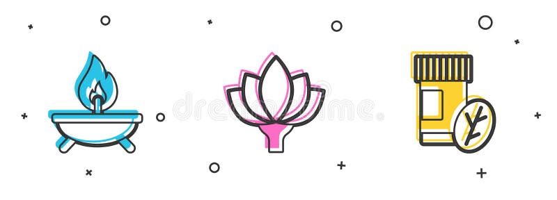 Set Aroma Candle, Lotus Flower and Vitamin Pill Icon. Vector Stock ...