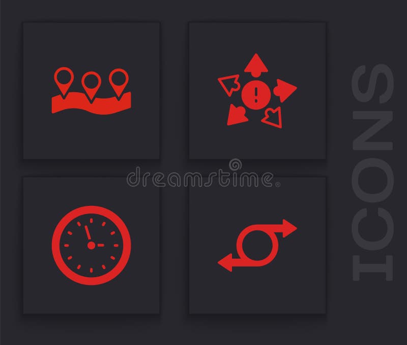 Set Arrow, Location, Many Ways Directional Arrow and Clock Icon. Vector ...