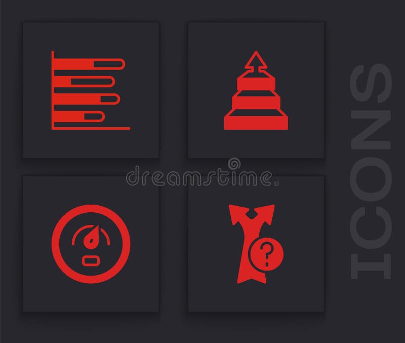 Set Arrow, Pie Chart Infographic, Pyramid Infographics and Digital Speed Meter Icon. Vector ...