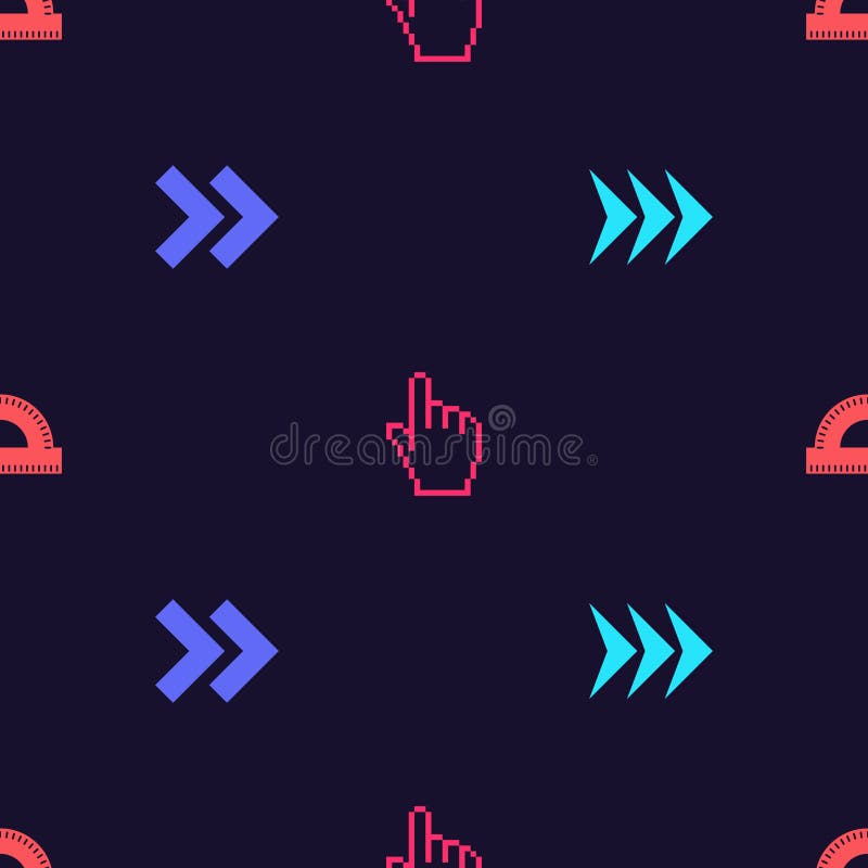 Set Arrow, , Pixel Hand Cursor and Protractor Grid on Seamless Pattern ...