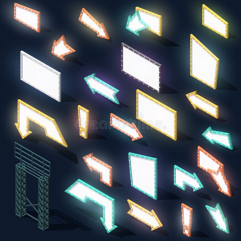 Set 23 Arrow Signs Night Lights Billboards with Shadow Isometric Stock ...
