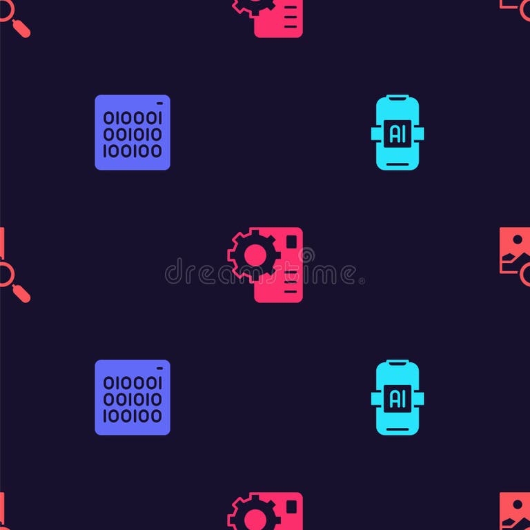 Set Artificial Intelligence AI, Binary Code, Neural Network and Photo Retouching on Seamless ...