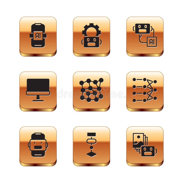 Set Artificial Intelligence AI, Chat Bot, Algorithm, Neural Network, Computer Monitor, Robot ...