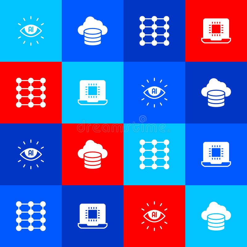 Set Artificial Intelligence AI, Cloud Database, Neural Network and Processor CPU Icon. Vector ...