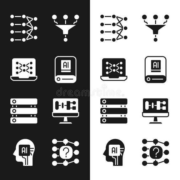 Set Artificial Intelligence AI, Neural Network, Funnel Filter, Server, Data, Algorithm, and ...