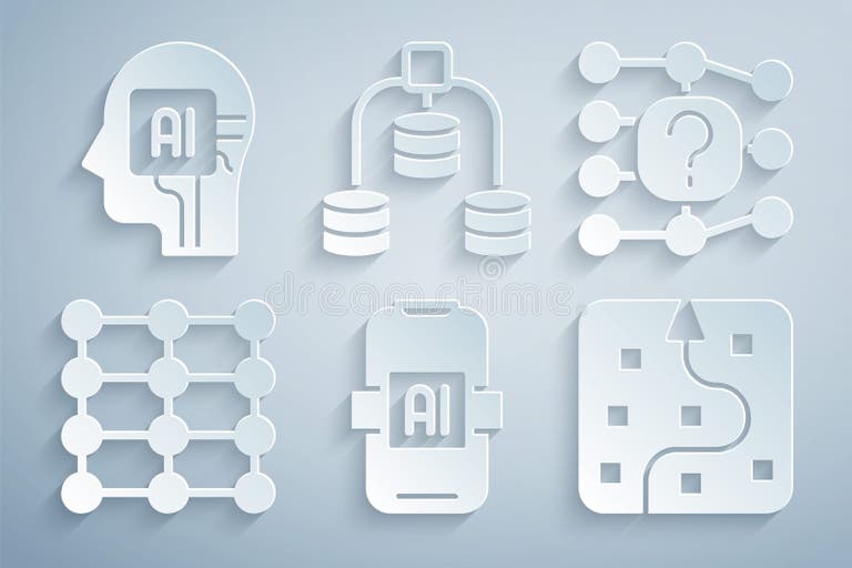 Set Artificial Intelligence AI, Neural Network, Server, Data and Humanoid Robot Icon. Vector ...