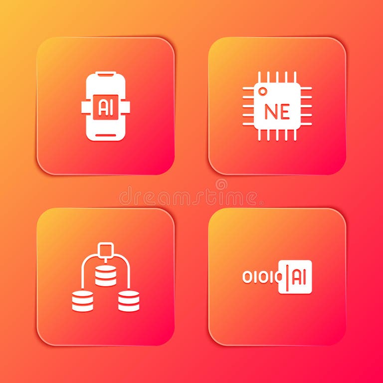 Set Artificial Intelligence AI, Processor CPU, Server, Data and Binary Code Icon. Vector Stock ...