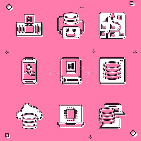 Set Artificial Intelligence AI, Robot, Neural Network, Mobile Phone, Server, Data, Cloud ...