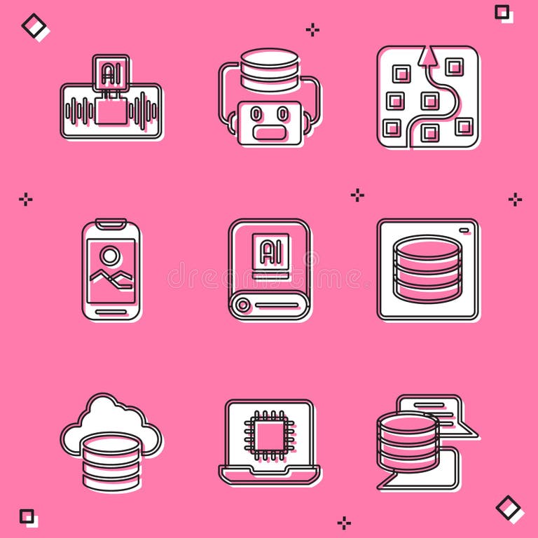 Set Artificial Intelligence AI, Robot, Neural Network, Mobile Phone, Server, Data, Cloud ...