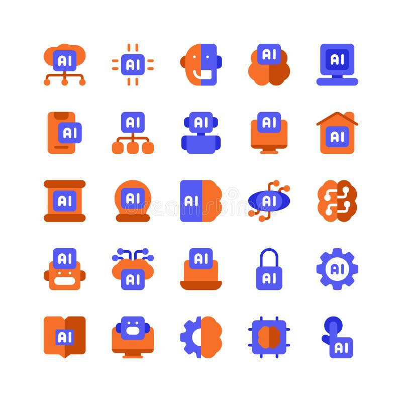 Set of Artificial Intelligence AI Robotic Algorithm Flat Style Icon ...
