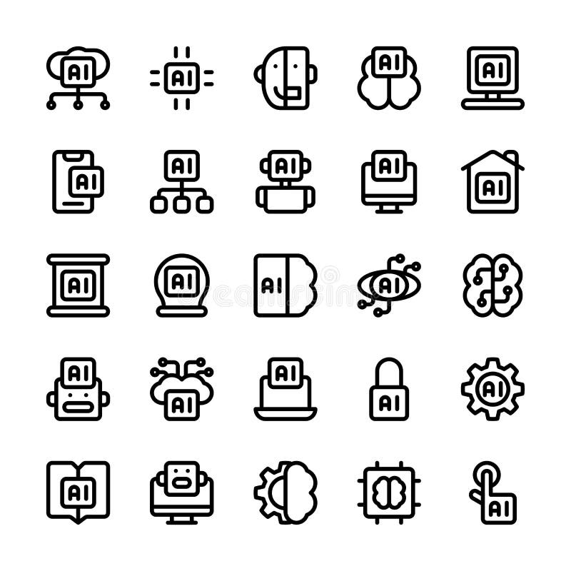 Set of Artificial Intelligence AI Robotic Algorithm Outline Style Icon ...