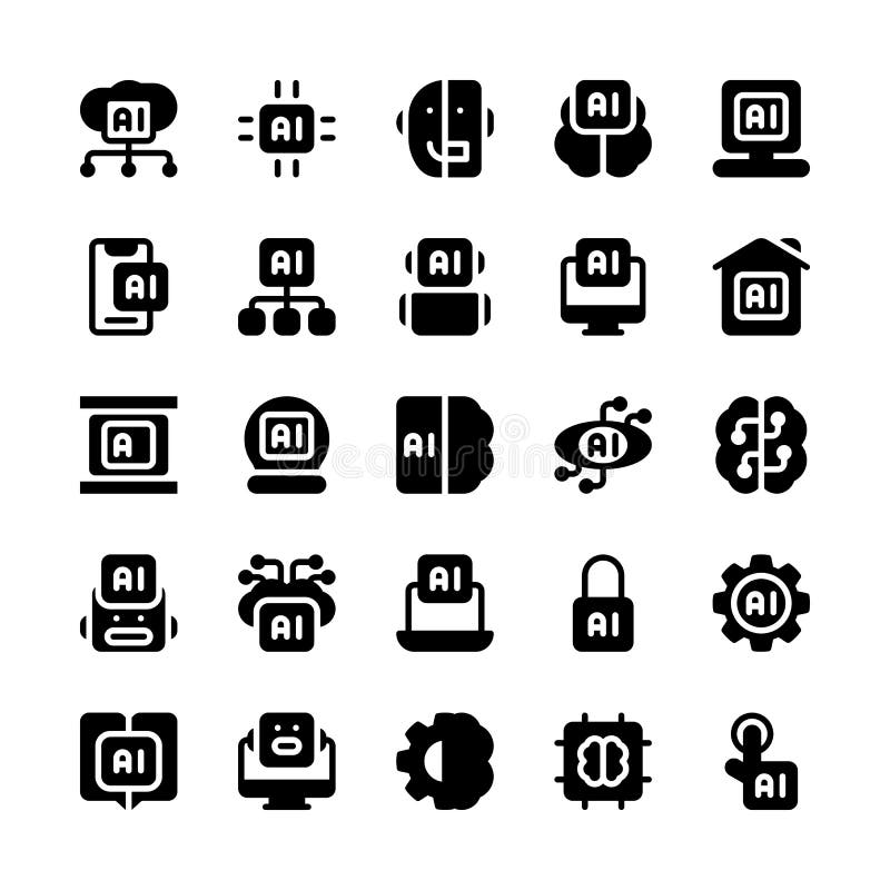 Set of Artificial Intelligence AI Robotic Algorithm Solid Style Icon ...