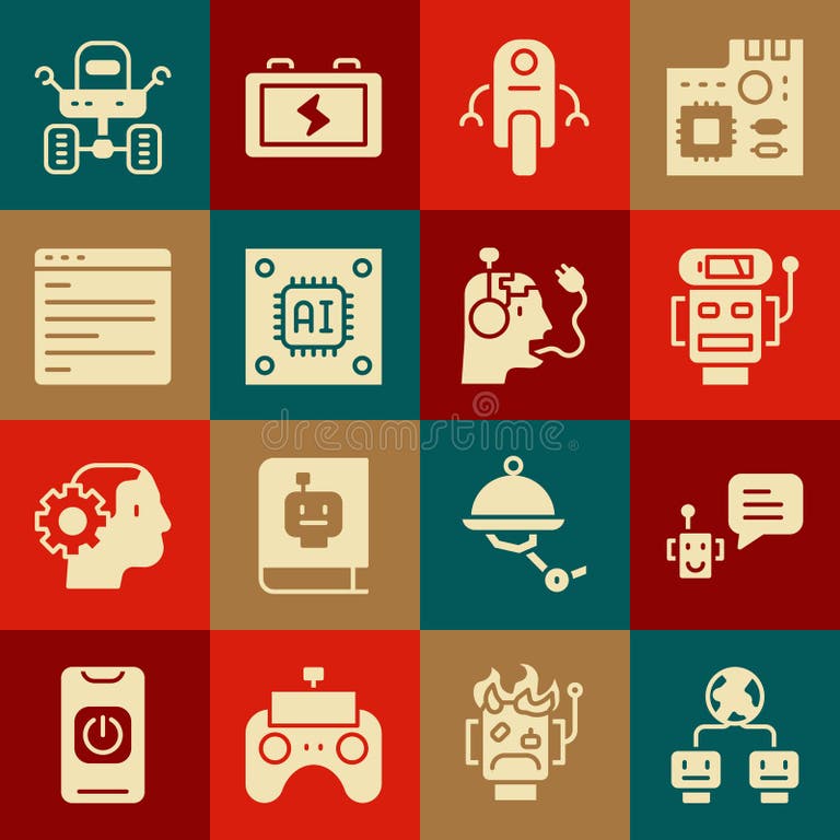 Set Artificial Intelligence, Bot, Robot Low Battery Charge, Processor with Microcircuits CPU ...