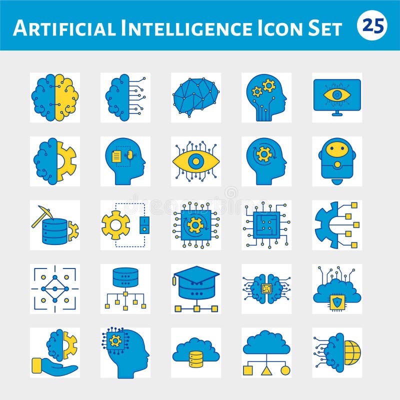 Set of 25 Artificial Intelligence Icon Set in Blue and Yellow Stock ...