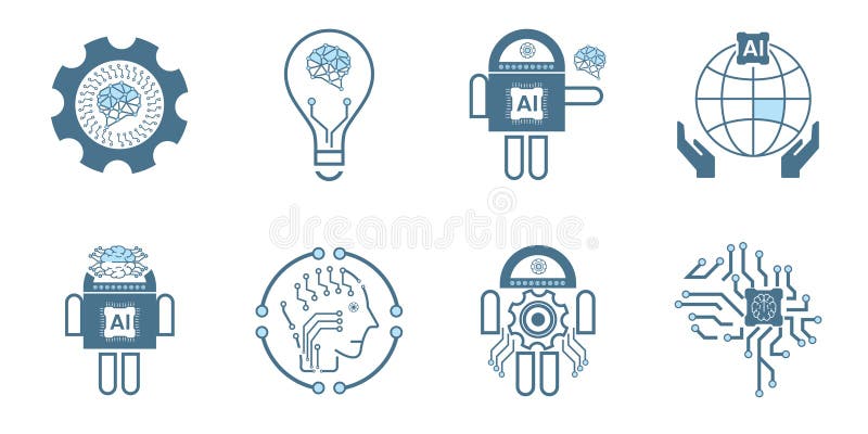 Set of 8 Artificial Intelligence Line Icons, 8 AI for Technology ...