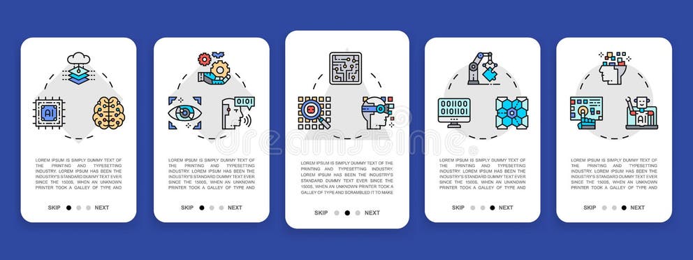 Set of Artificial Intelligence Mobile App Screens. Robotics, Chatbot, Database, Big Data ...