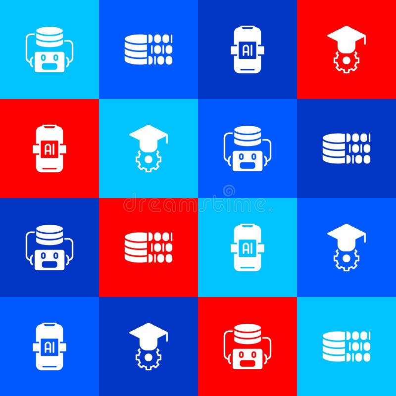Set Artificial Intelligence Robot Binary Code Ai And Graduation Cap Icon Vector Stock Vector