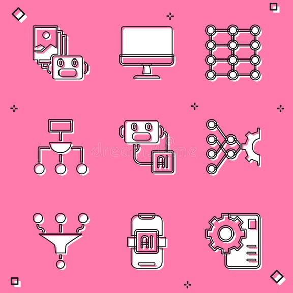 Set Artificial Intelligence Robot, Computer Monitor, Neural Network, Algorithm, Funnel Filter ...