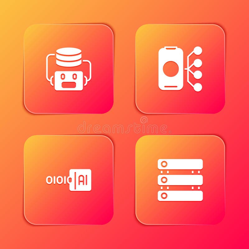Set Artificial Intelligence Robot, Neural Network, Binary Code and Server, Data Icon. Vector ...