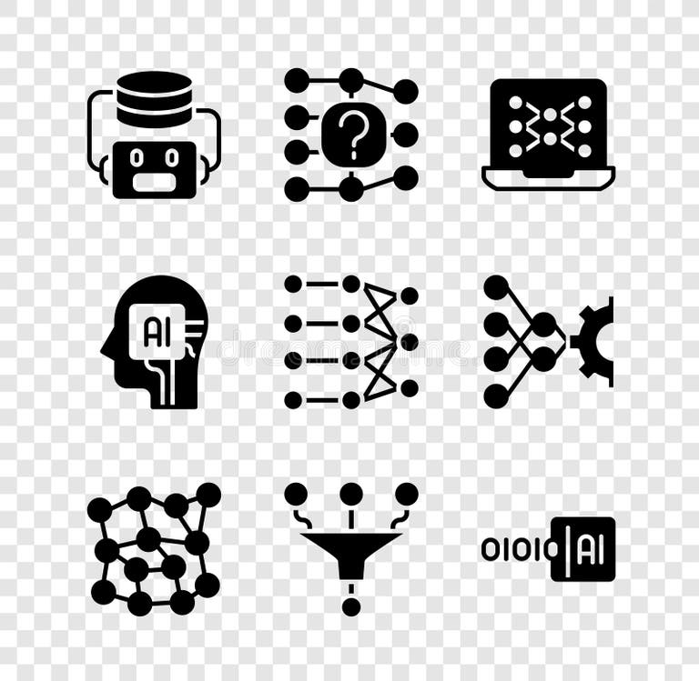 Set Artificial Intelligence Robot, Neural Network, Funnel Filter, Binary Code, Humanoid and Icon ...
