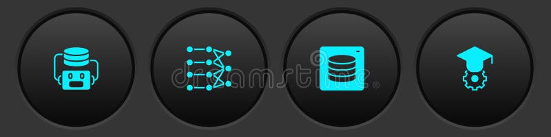 Set Artificial Intelligence Robot, Neural Network, Server, Data and Graduation Cap Icon. Vector ...