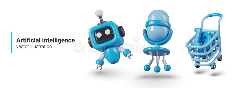 Set of Artificial Intelligence Symbols. Blue Mini Robot, Microphone ...