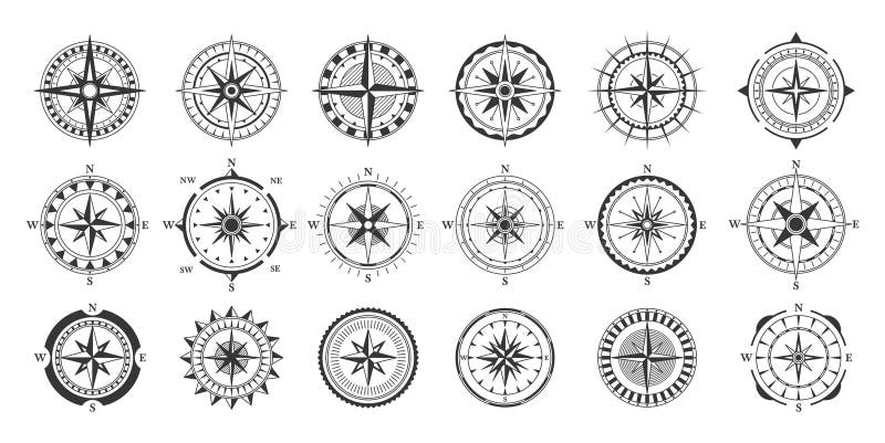Set of Artistic Compass Illustrations Showing Multiple Designs and ...