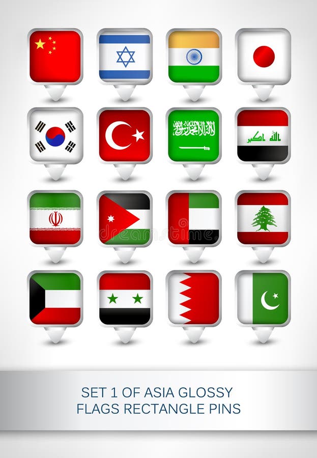 Set 1 of Asia Glossy Flags Rectangle Pins Stock Vector - Illustration ...