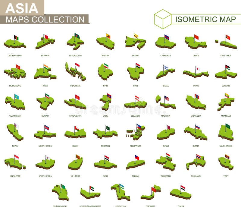 Set of Asian Countries Isometric Map and Flag Stock Vector ...