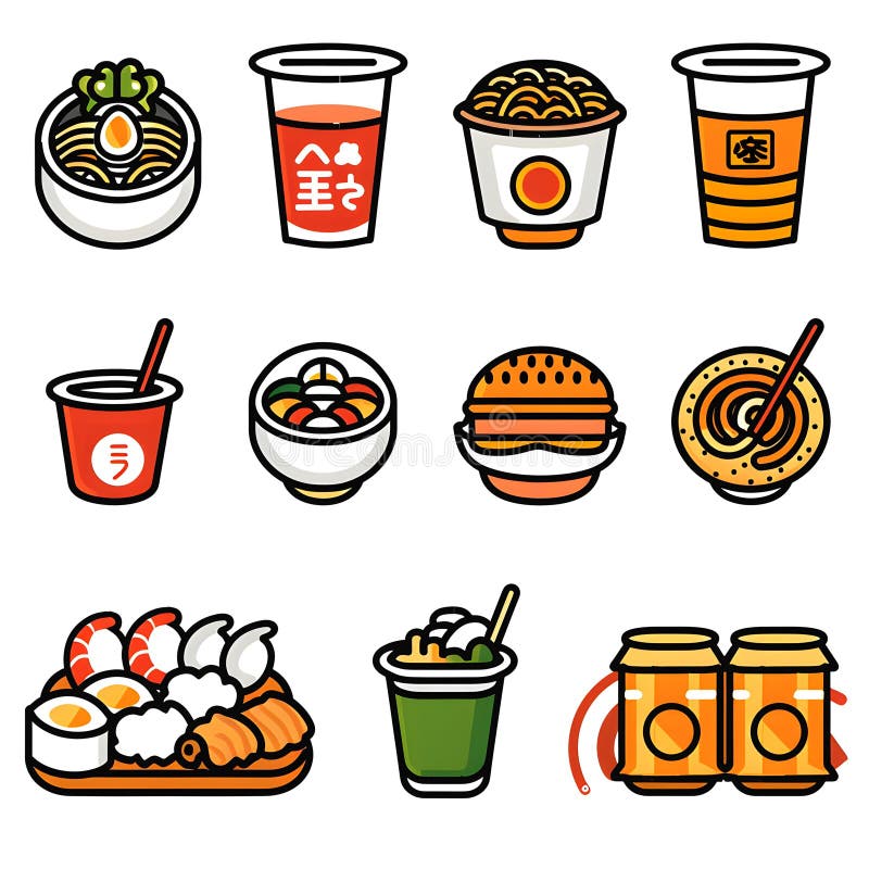 Set of Asian Fast Food Icons. Cutouts Stock Illustration - Illustration ...