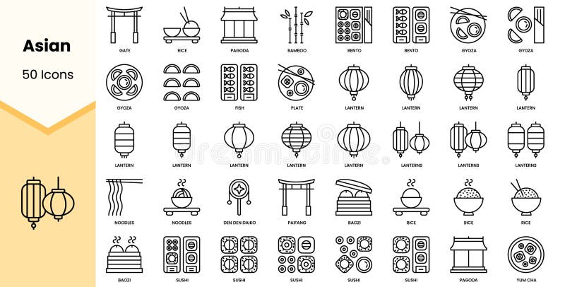 Set of Asian Icons. Simple Line Art Style Icons Pack Stock Vector ...