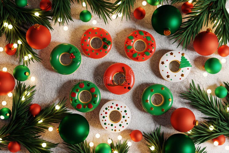Set of Assorted Christmas Donuts Against Christmas Lights. 3D Render ...
