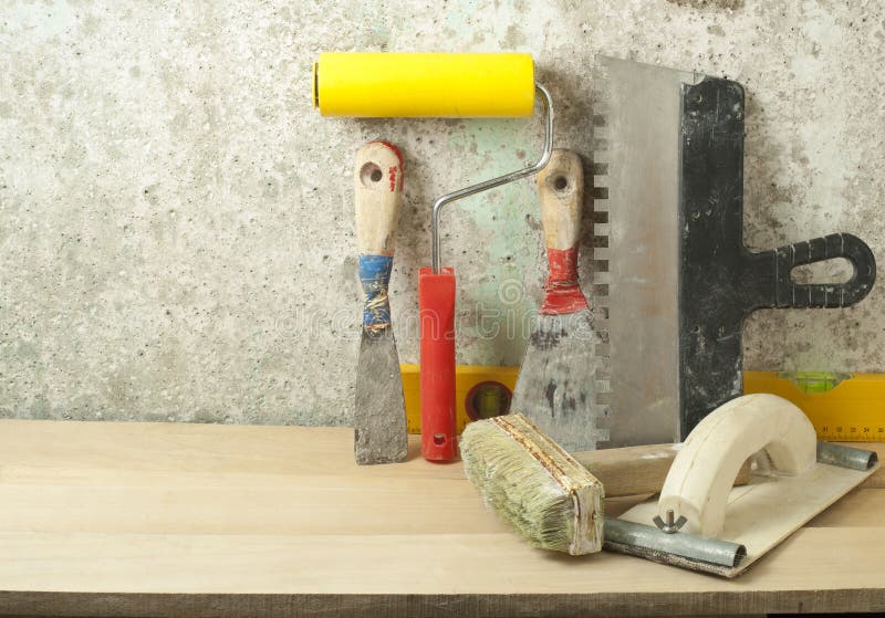 Set of Assorted Plaster Trowel Tools and Spatula. Copy Space for Text ...