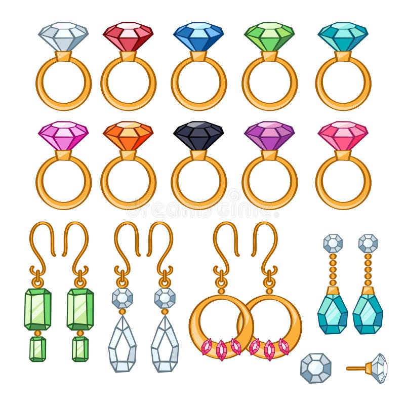 Set of Assorted Rings and Earrings. Stock Vector - Illustration of gold ...