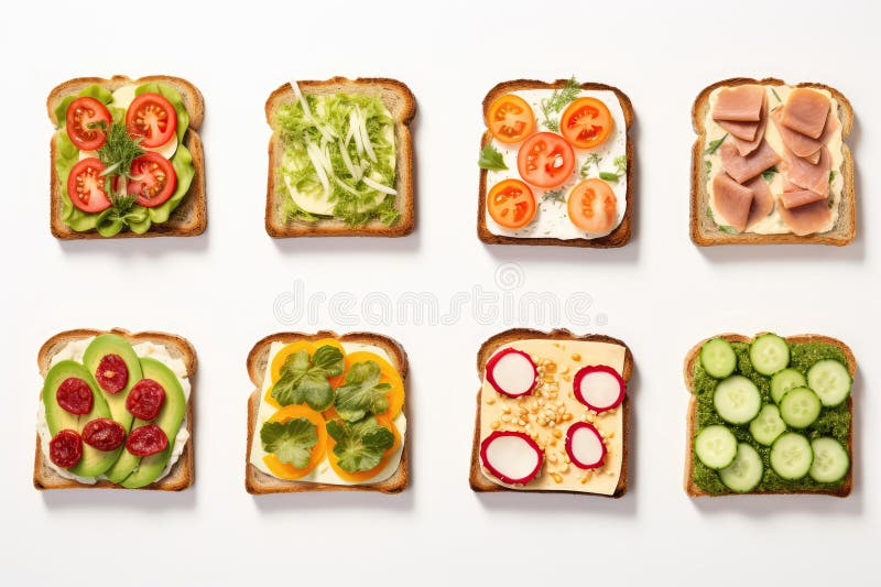 Set of Assorted Sandwiches on White Background, Top View. Generative AI ...