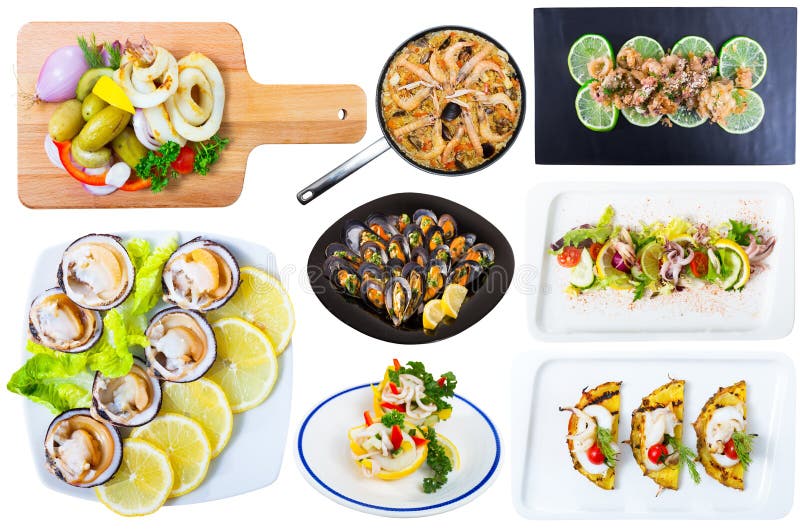 Set of Assorted Seafood Dishes Stock Image - Image of soup, meal: 222019079