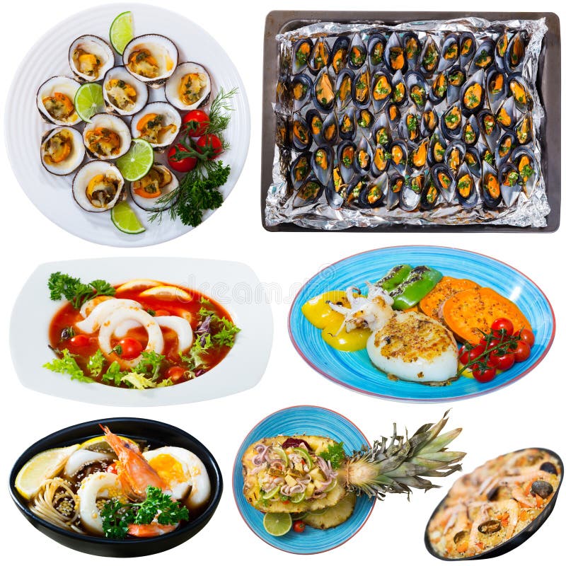 Set of Assorted Seafood Dishes Stock Photo - Image of food, mussels ...