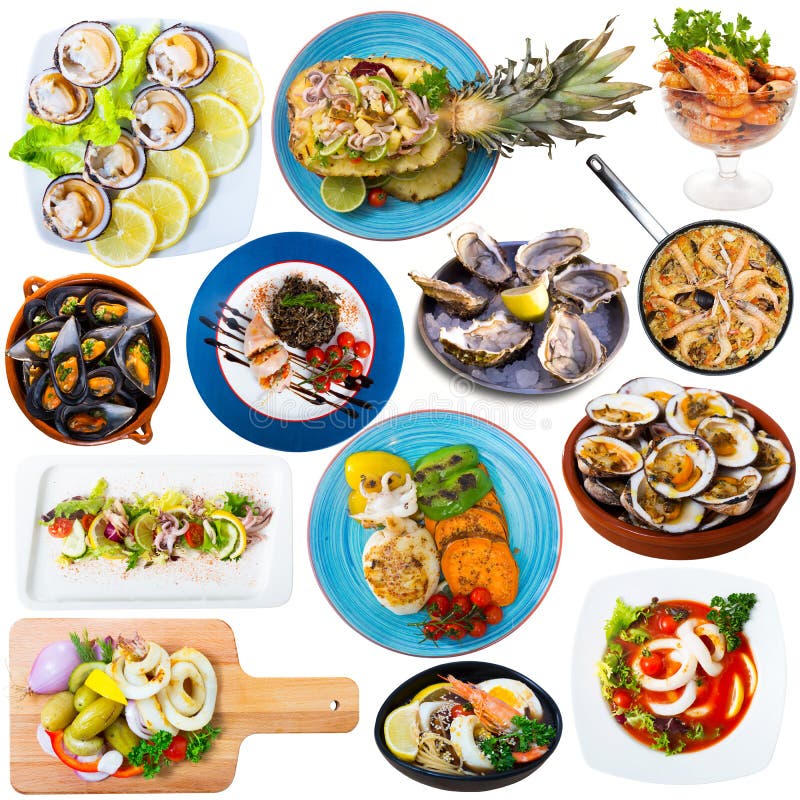 Set of Assorted Seafood Dishes Stock Photo - Image of soup, mussels ...