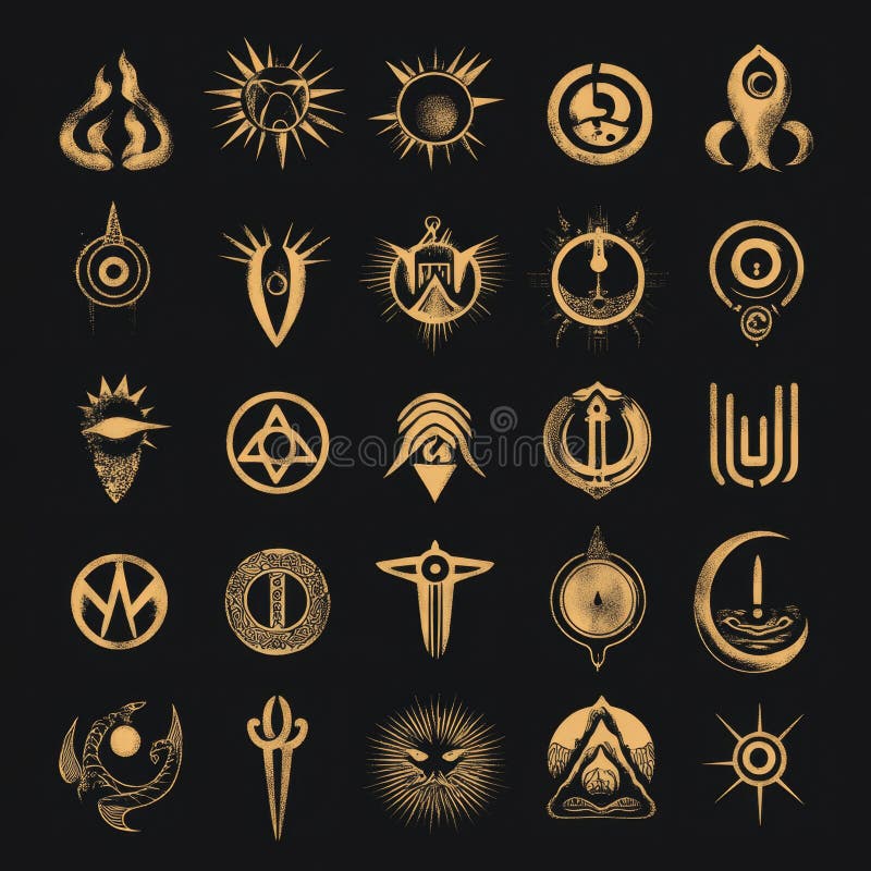 Set of Astrological Symbols on Black Background. Vector Illustration ...