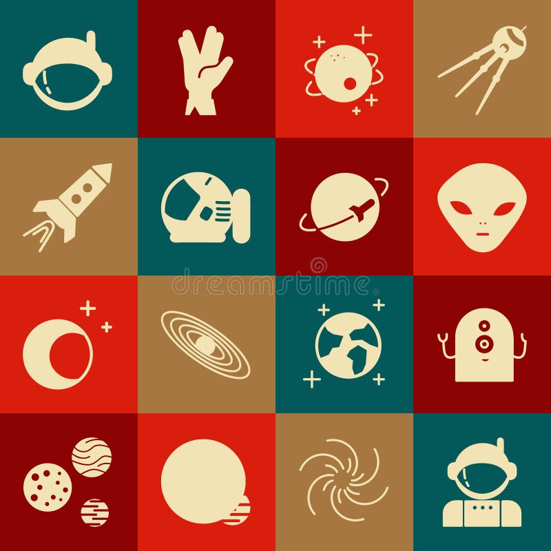 Set Astronaut, Alien, Planet, Helmet, Rocket Ship with Fire, and Icon ...
