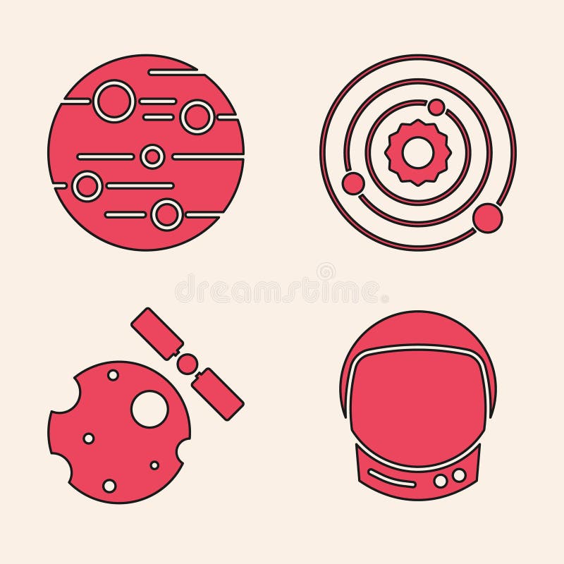 Set Astronaut Helmet, Planet Mars, Solar System and Satellites Orbiting ...