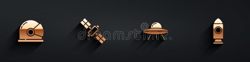 Set Astronaut Helmet, Satellite, UFO Flying Spaceship and Rocket Icon ... Set Astronaut Helmet, Satellite, UFO Flying Spaceship and Rocket Icon ...