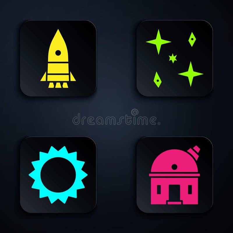 Set Astronomical Observatory, Rocket Ship, Sun and Falling Stars. Black ...