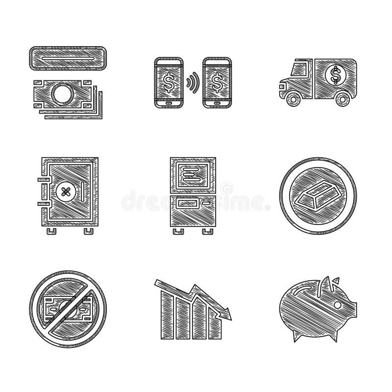 Set ATM, Financial Growth Decrease, Piggy Bank, Gold Bars, No Money, Safe, Armored Truck and and ...