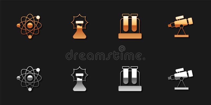 Set Atom, Explosion in the Flask, Test Tube and Telescope Icon. Vector ... Set Atom, Explosion in the Flask, Test Tube and Telescope Icon. Vector ...