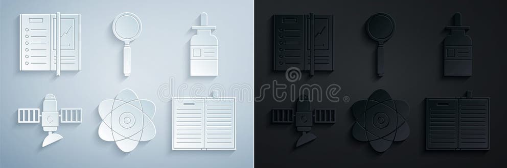 Set Atom, Glass Bottle with a Pipette, Satellite, Open Science Book ...