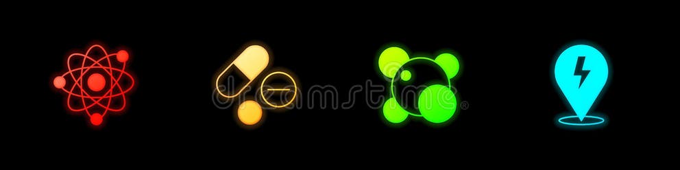 Set Atom, Medicine Pill or Tablet, Molecule and Lightning Bolt Icon ...