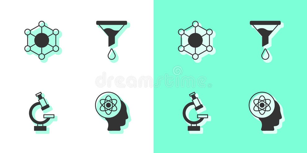 Set Atom, Molecule, Microscope and Funnel or Filter Icon. Vector Stock ...