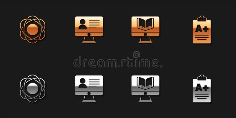 Set Atom, Online Class, and Exam Sheet with Plus Grade Icon. Vector ... Set Atom, Online Class, and Exam Sheet with Plus Grade Icon. Vector ...