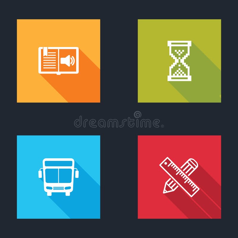 Set Audio Book, Hourglass Pixel, Bus and Crossed Ruler and Pencil Icon ... Set Audio Book, Hourglass Pixel, Bus and Crossed Ruler and Pencil Icon ...